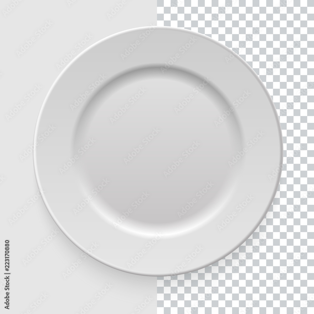 Realistic empty white dish plate with shadow on transparent background ...