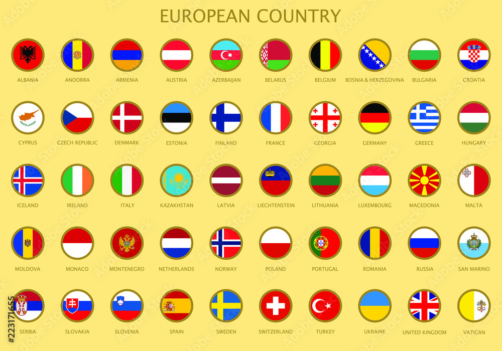 Round buttons with all official national flags of the European ...