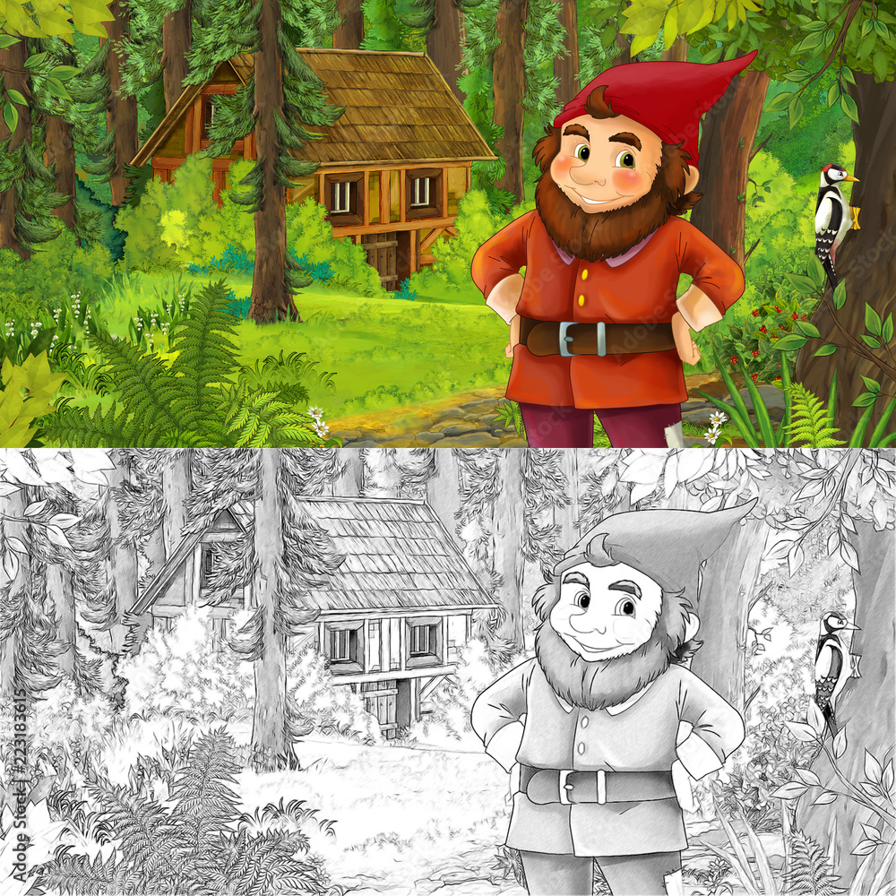 cartoon scene with man fantasy dwarf in the forest near hidden wooden ...
