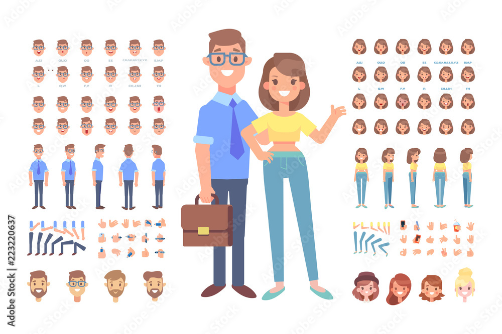 Front, side, back, 3/4 view animated characters. Man and woman creation ...