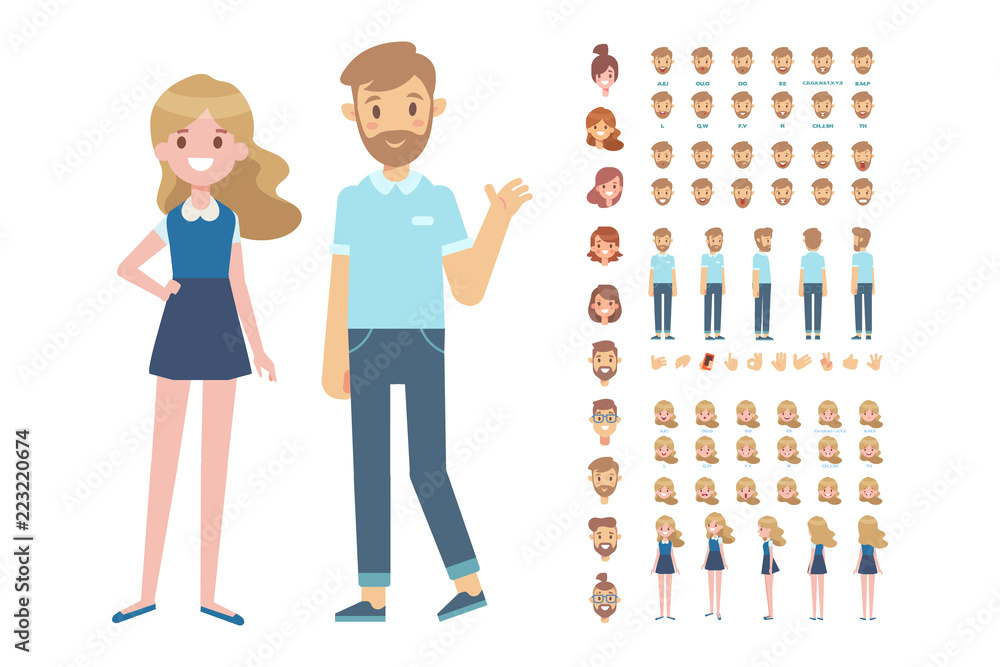 Front, side, back, 3/4 view animated characters. Man and woman creation ...