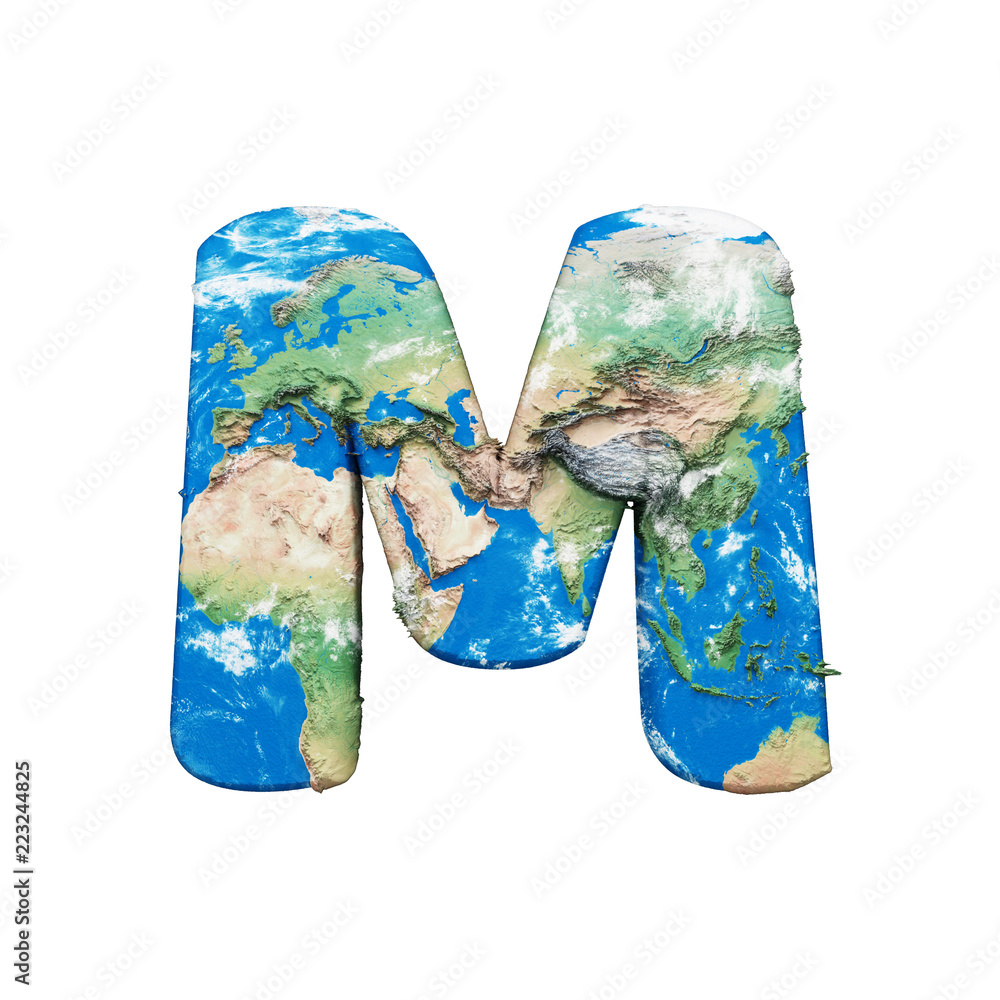 World earth globe alphabet letter M uppercase. Global worldwide font ...