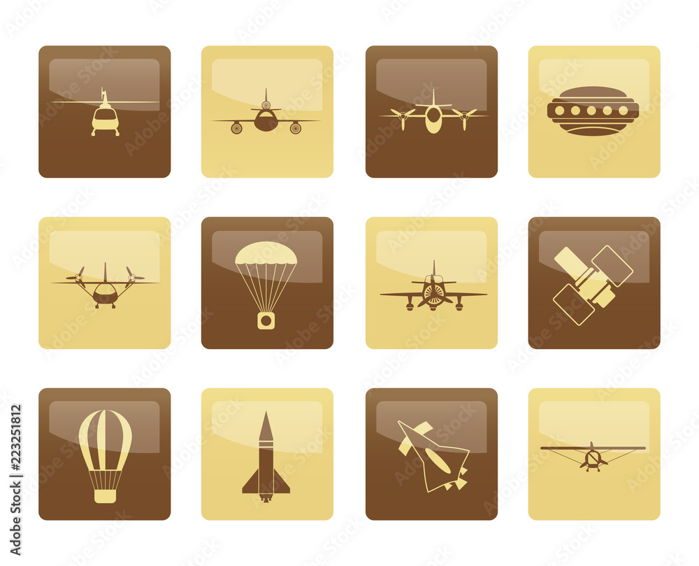 Different types of Aircraft Illustrations and icons over brown ...