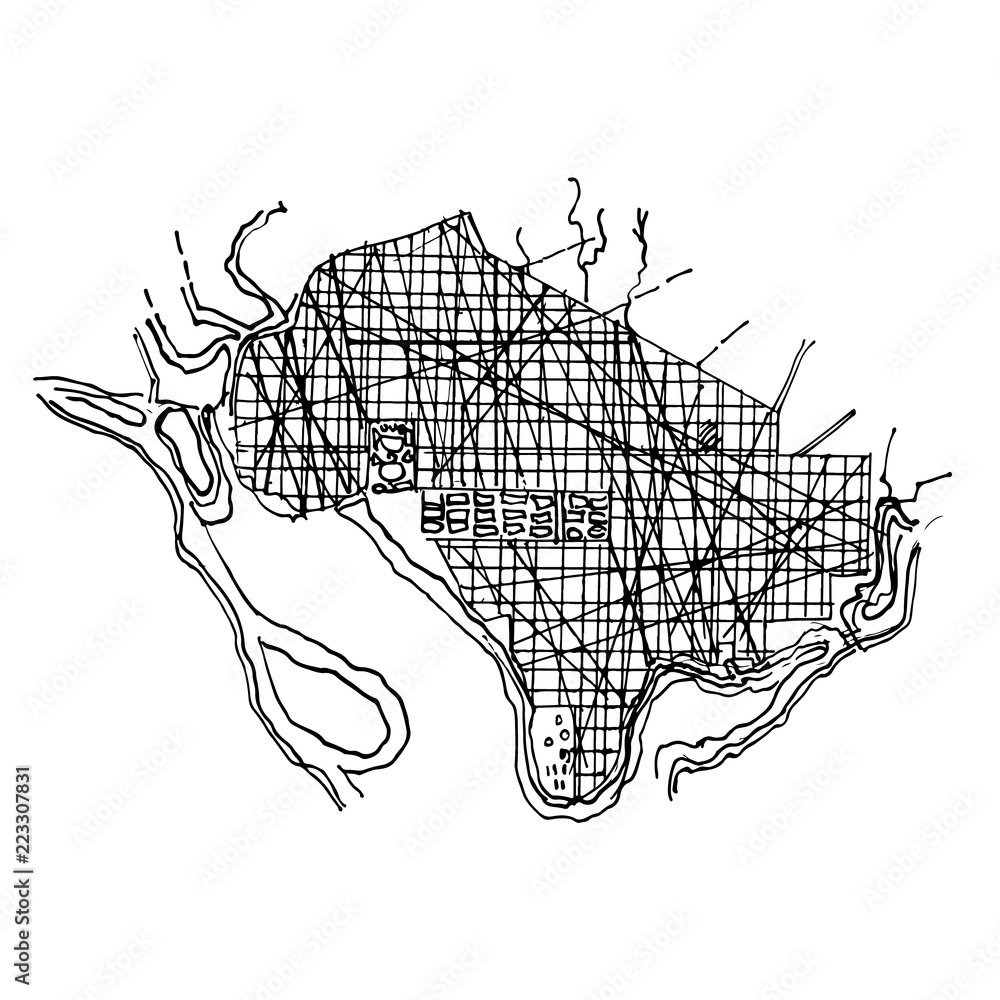 Doodle hand drawn map. Urban plan of a city, old village. Street map ...