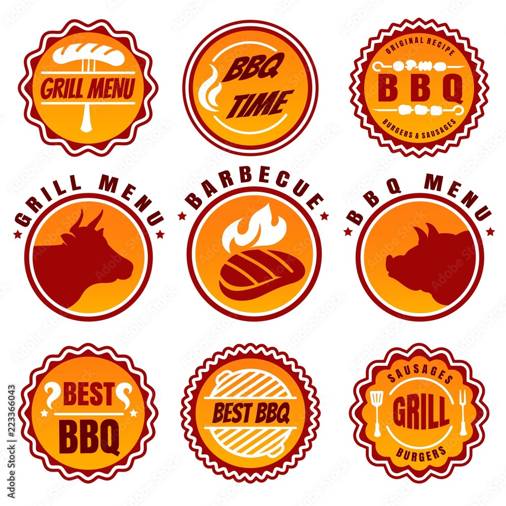 Bbq labels. Sausage on grill logo set, barbecue restaurant signs ...
