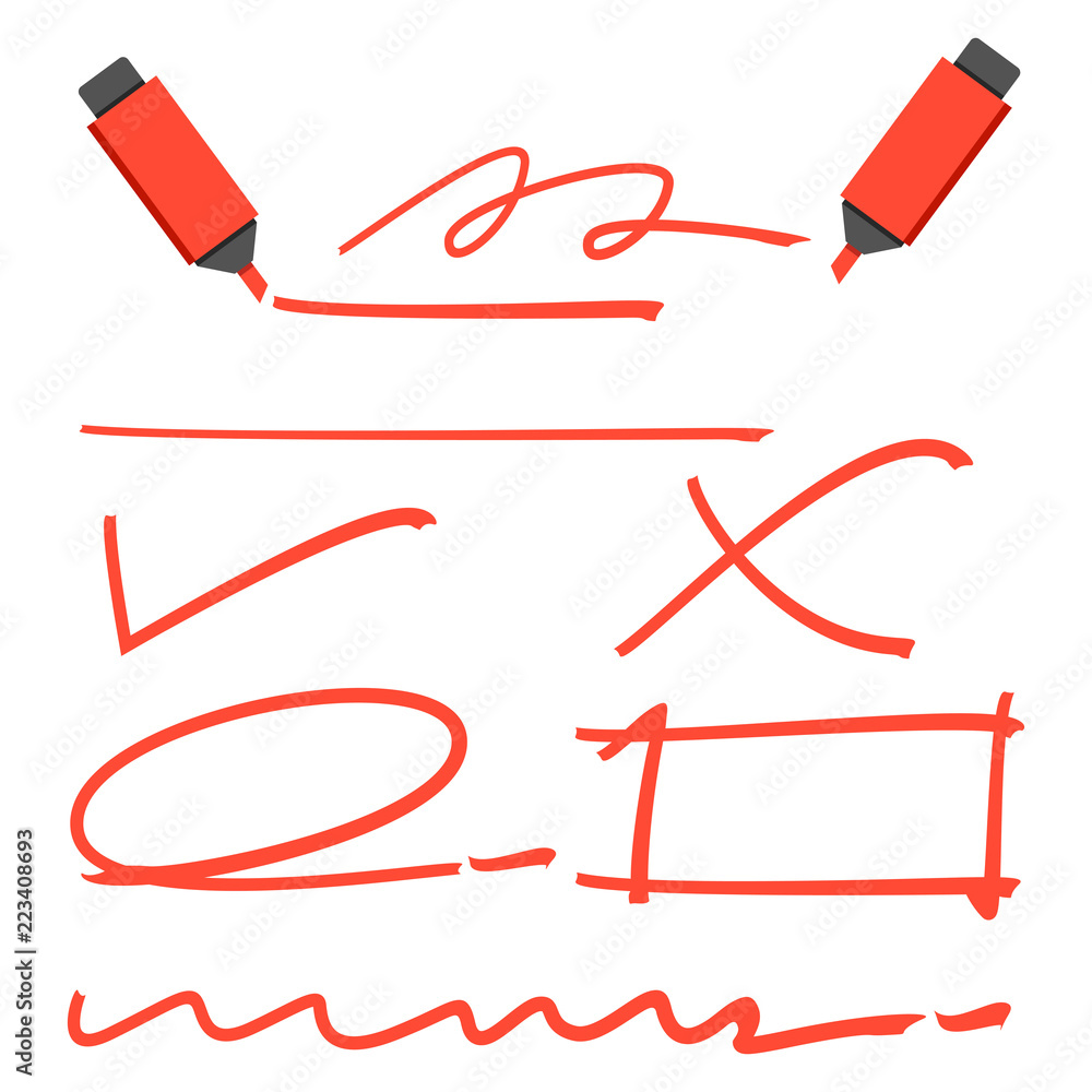 marker pen writing underlines, check marks, circle highlighter Stock ...