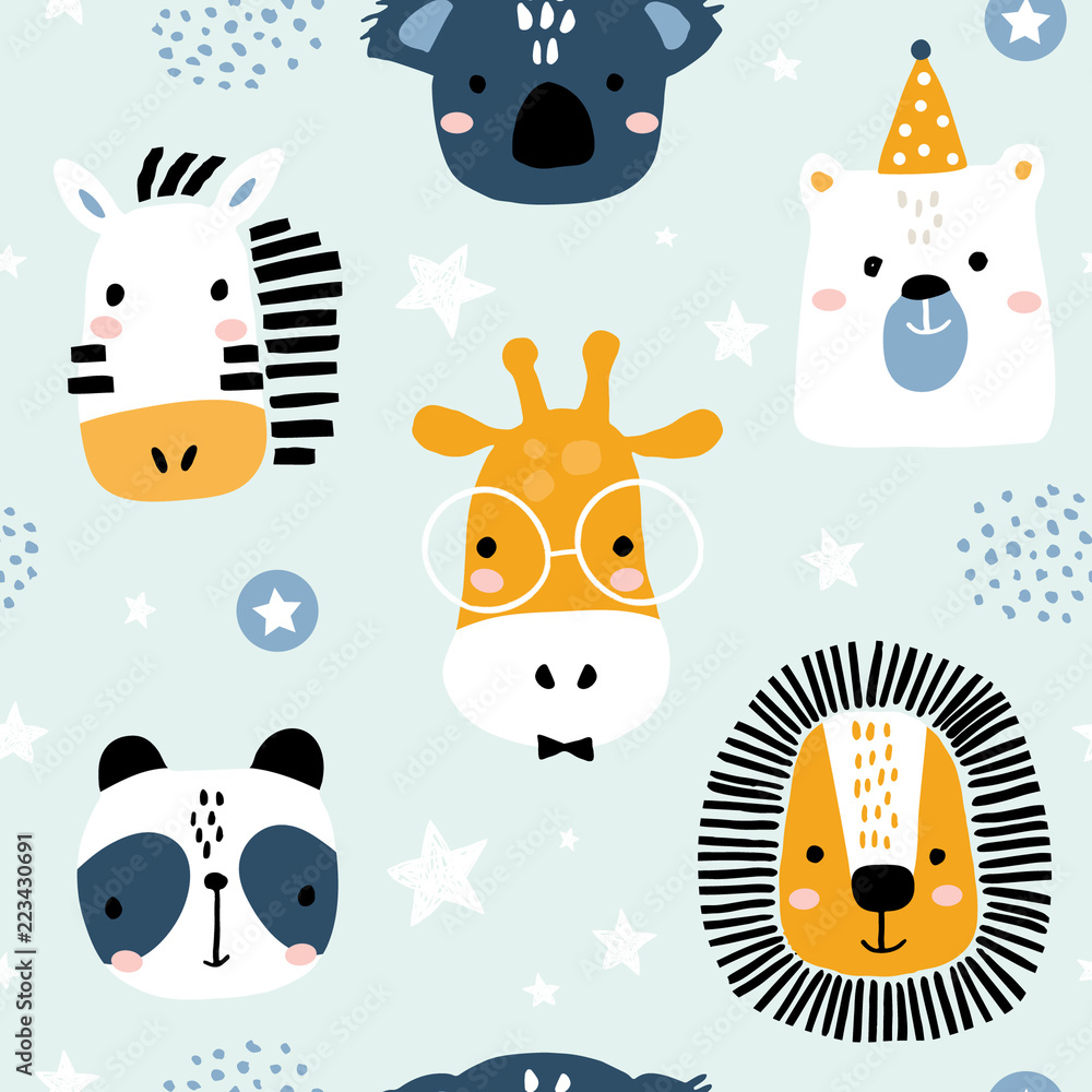 Seamless childish pattern with funny animals faces . Creative ...