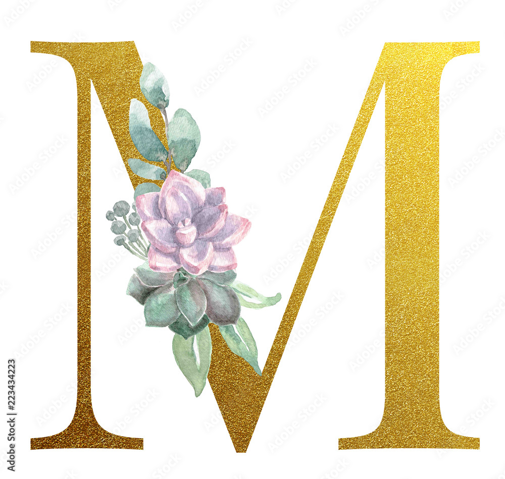 Watercolor Monogram Alphabet Letter M Gold Foil Stock Illustration ...