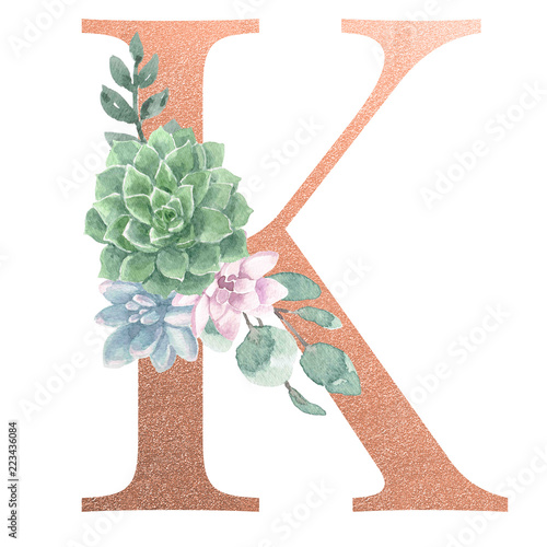 Watercolor Monogram Alphabet Letter K Rose Gold Foil Stock Illustration ...