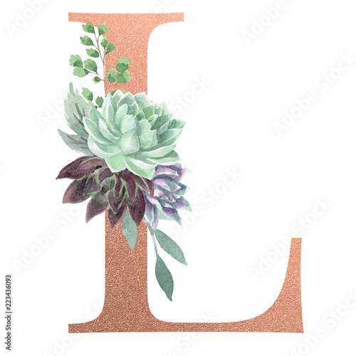 Watercolor Monogram Alphabet Letter L Rose Gold Foil Stock Illustration ...
