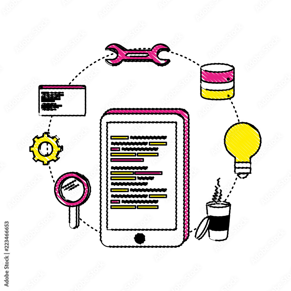 grated smartphone programming code and industry equipments Stock Vector | Adobe Stock