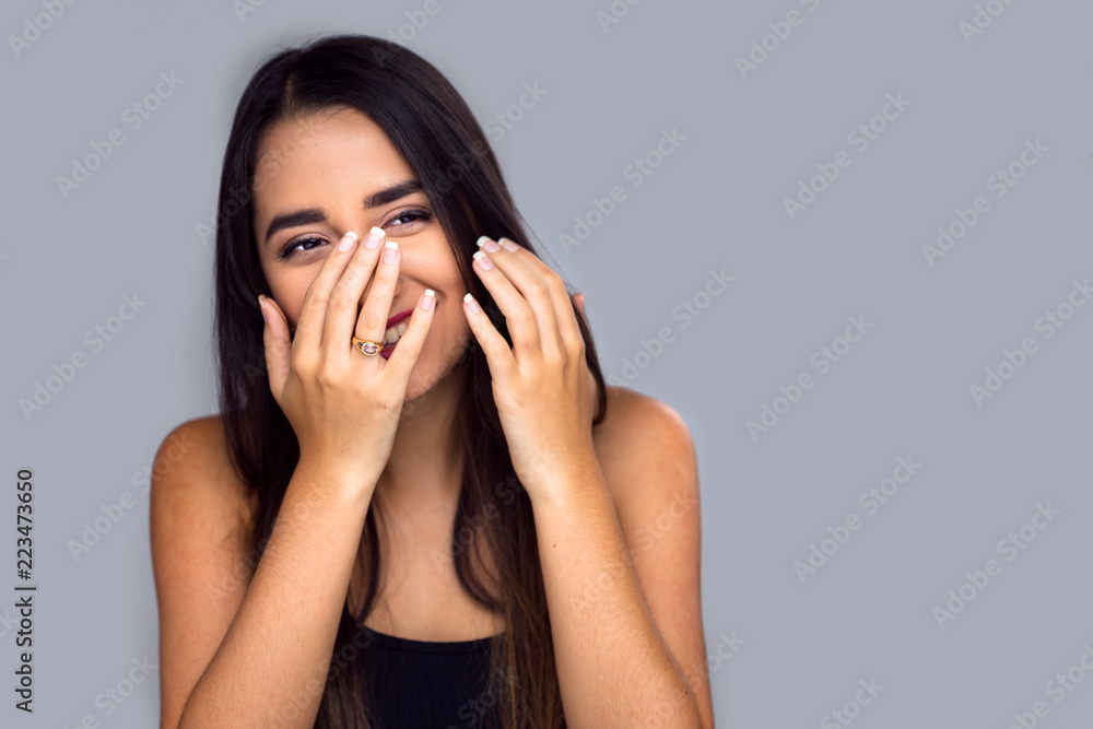 Adorable fun cute shy bashful hispanic female laughing, playful ...