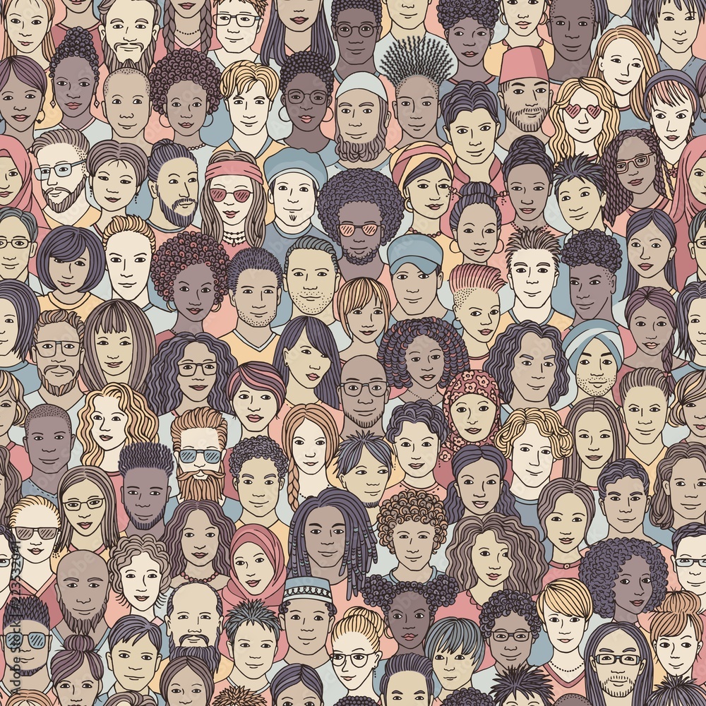 Diverse crowd of people - seamless pattern of 100 hand drawn faces of ...