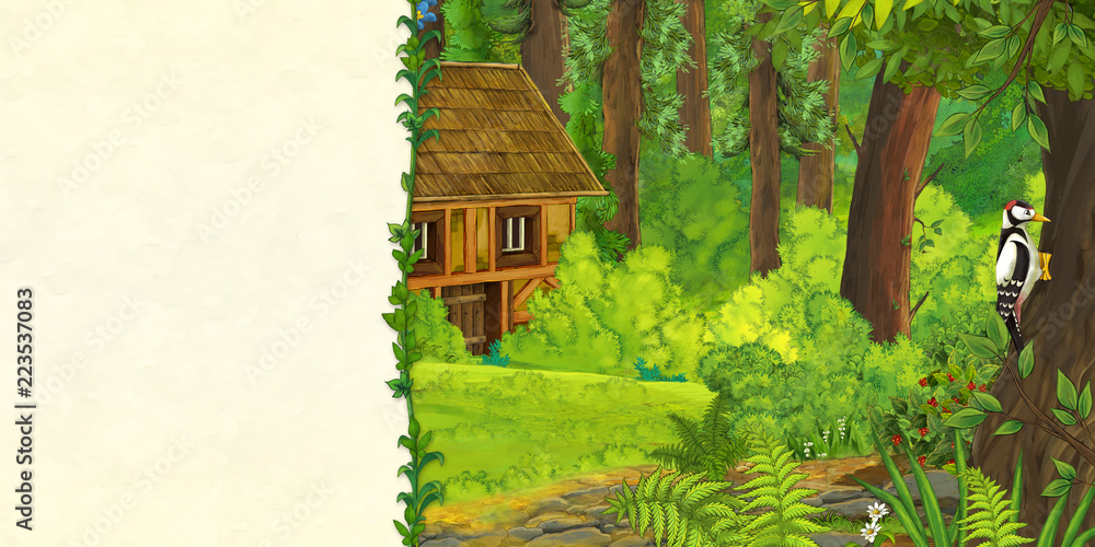 cartoon scene with beautiful medieval castle on the hill and wooden ...