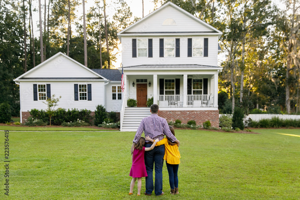 Dad and Daughters Standing Outside their New Home Farmhouse Stock Photo ...