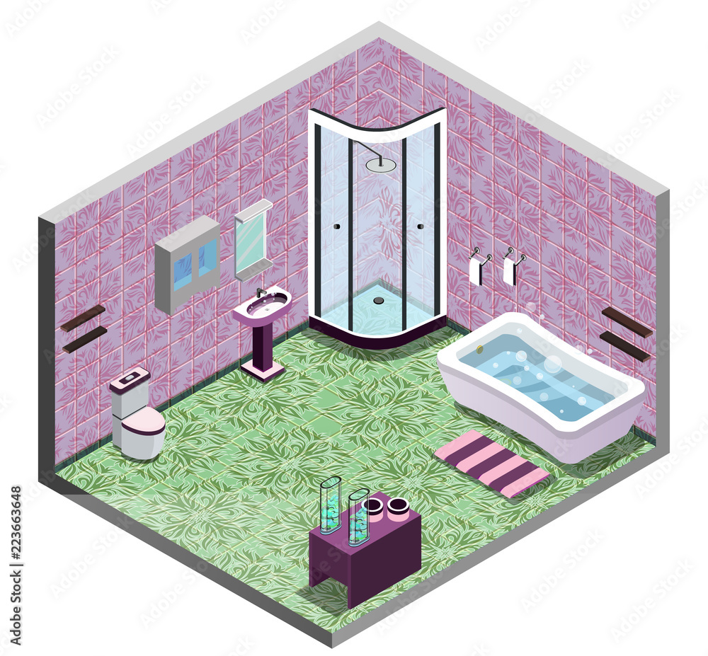 isometric pink pastel color walls bathroom view, low poly home room ...