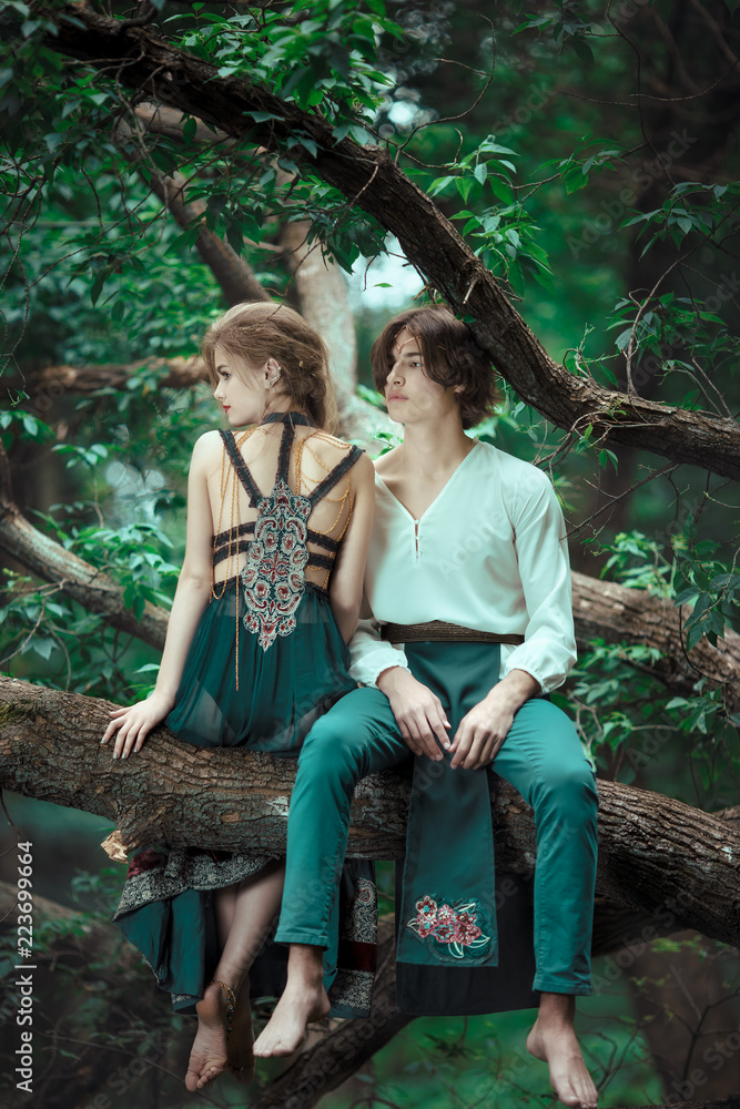 Young couple of elves in love siting on branch in magical forest ...