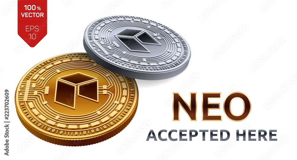 NEO. Accepted sign emblem. Crypto currency. Golden and silver coins ...