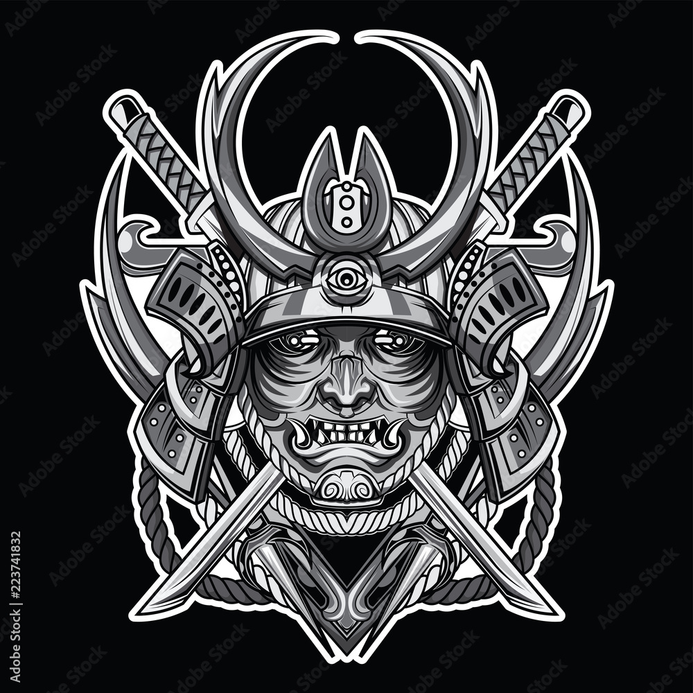 Silver Samurai mask., tattoo concept. Stock Vector | Adobe Stock