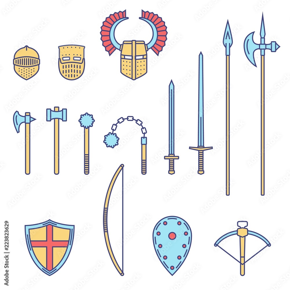 Medieval knight weapons and armors set. Medieval warrior equipment ...