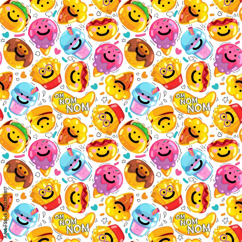 Seamless pattern emoji fast food smile. Vector summer illustration ice ...