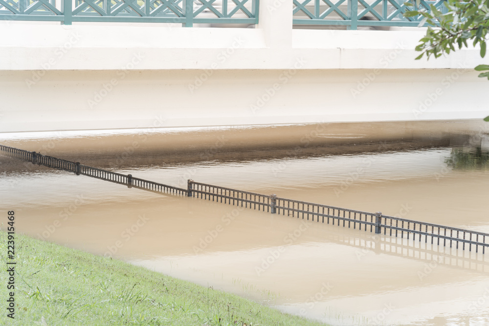 Flooded river pathway trail under bridge in suburban Dallas Fort Worth ...