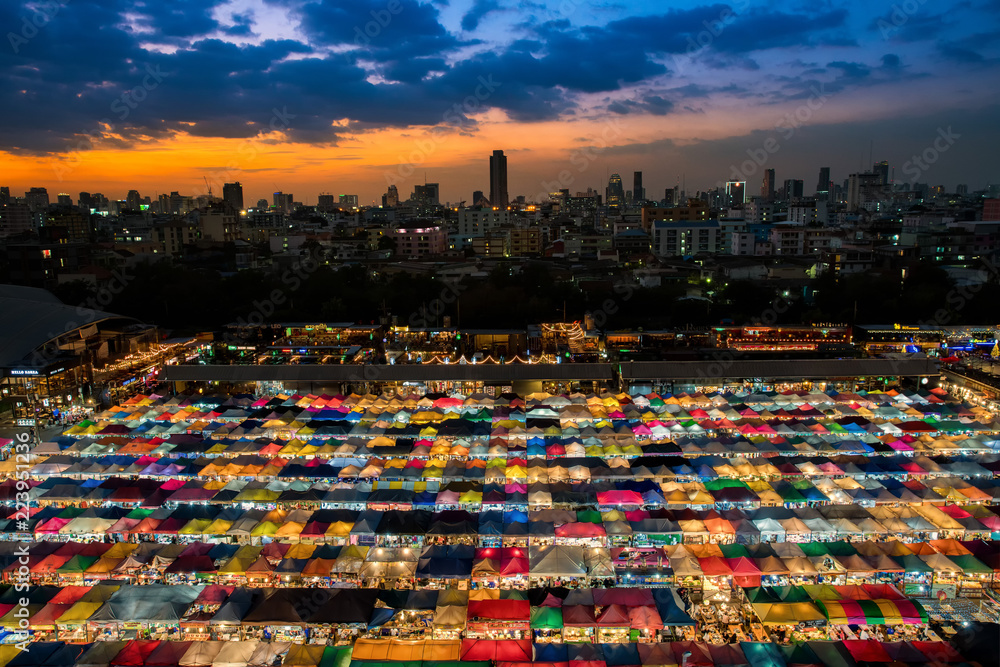 Night market called train night market Ratchada bird eye view, located ...