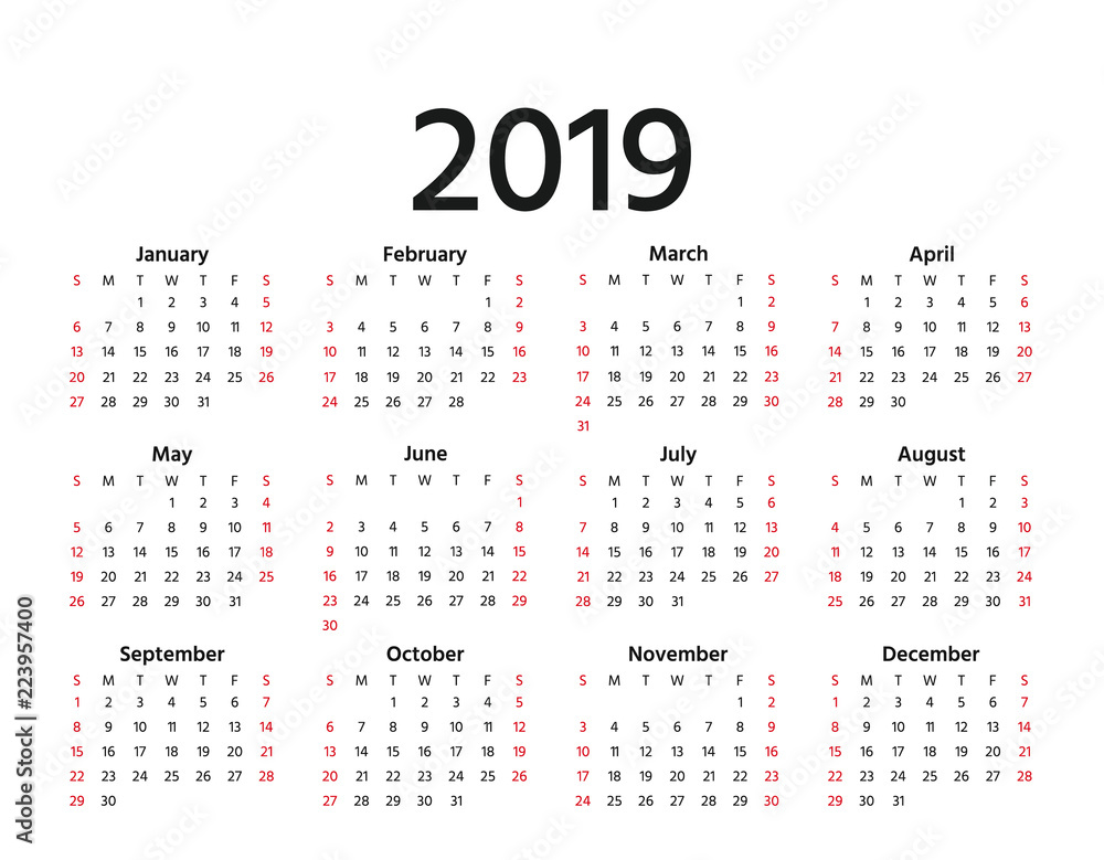 Vector de Stock 2019 Calendar. Vector. Week starts Sunday in minimal ...