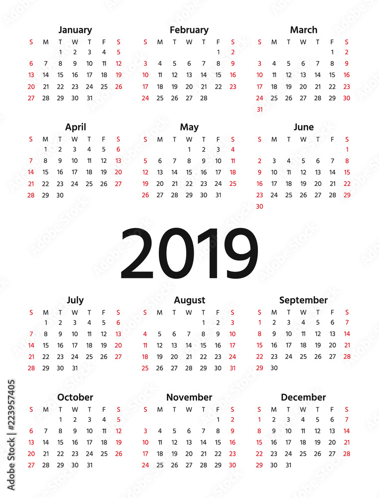2019 Calendar. Vector. Week starts Sunday in minimal simple design ...