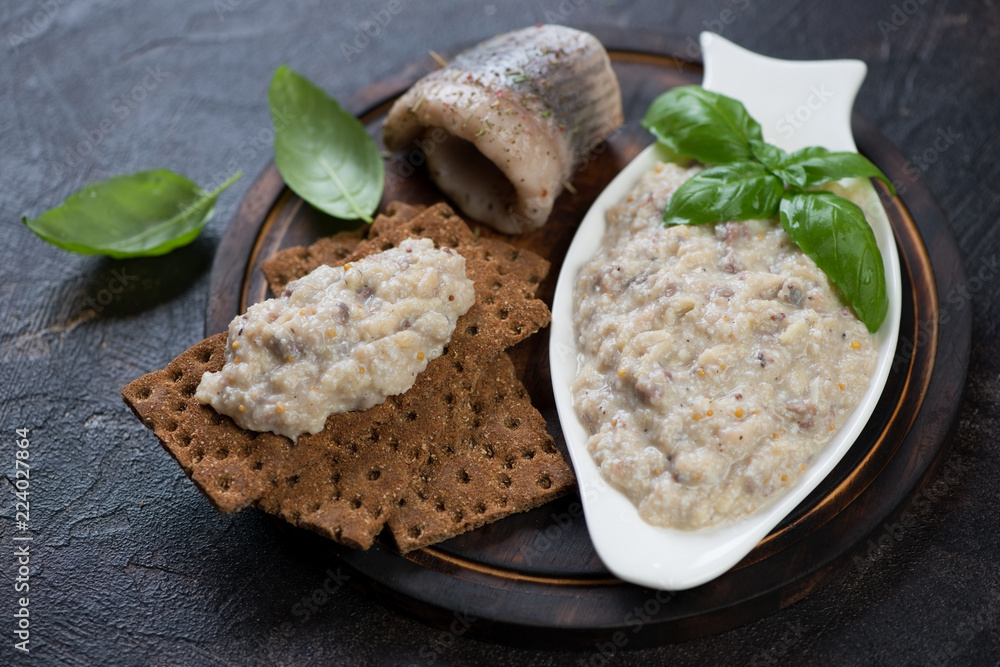 Vorschmack or forshmak made of herring fillet and served with crackers ...