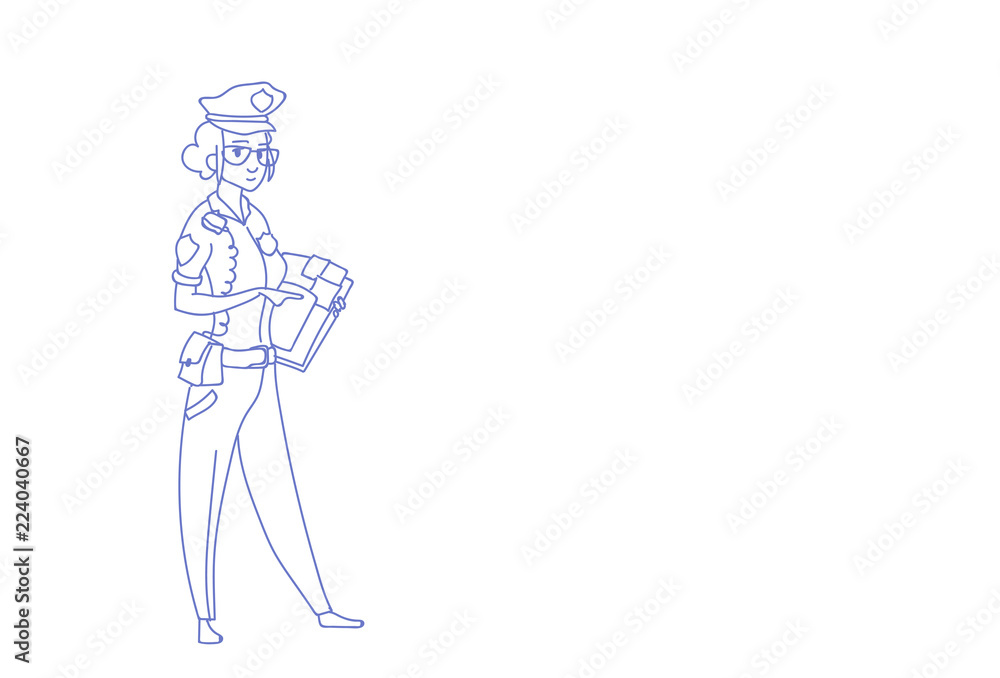 police woman wearing uniform holding case female guard sketch doodle ...