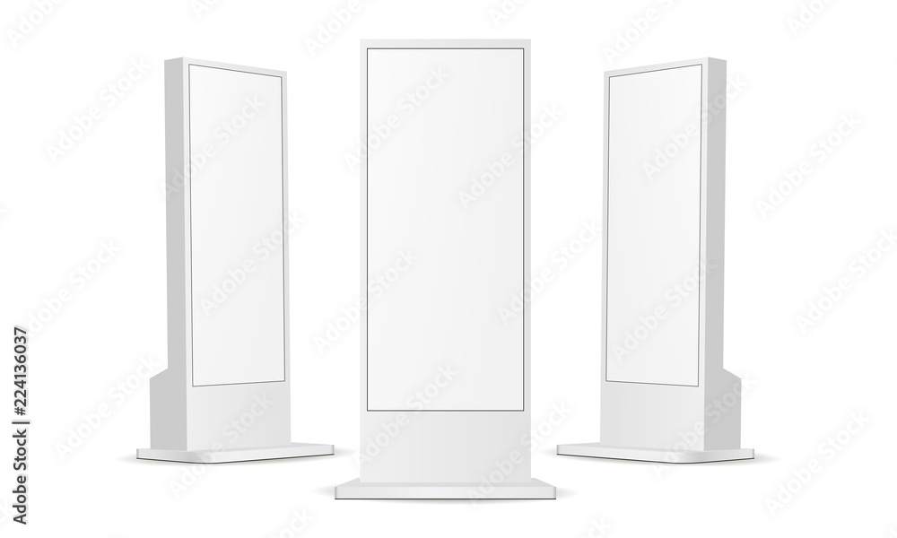 Digital signage monitor mockup in front and side view. Vector ...