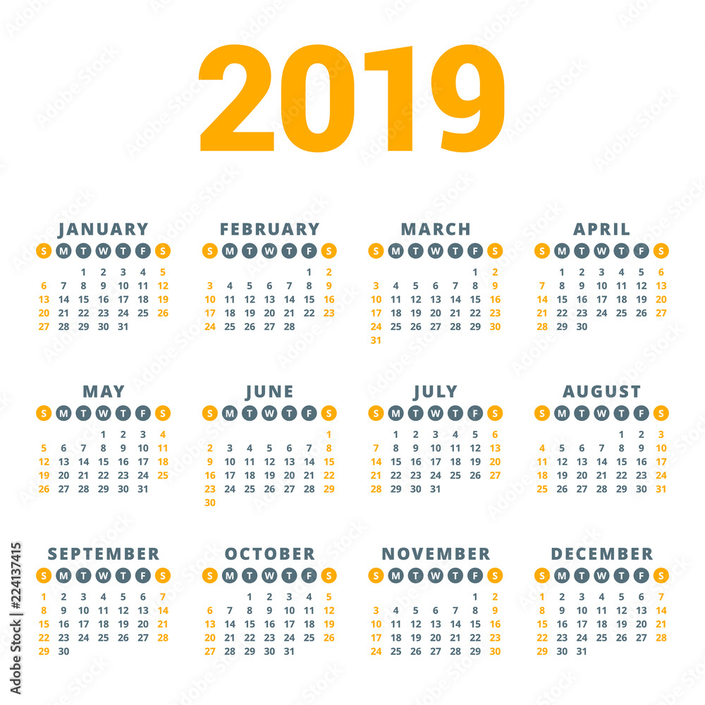 Calendar for 2019 year on white background. Week starts on Sunday. 4 ...