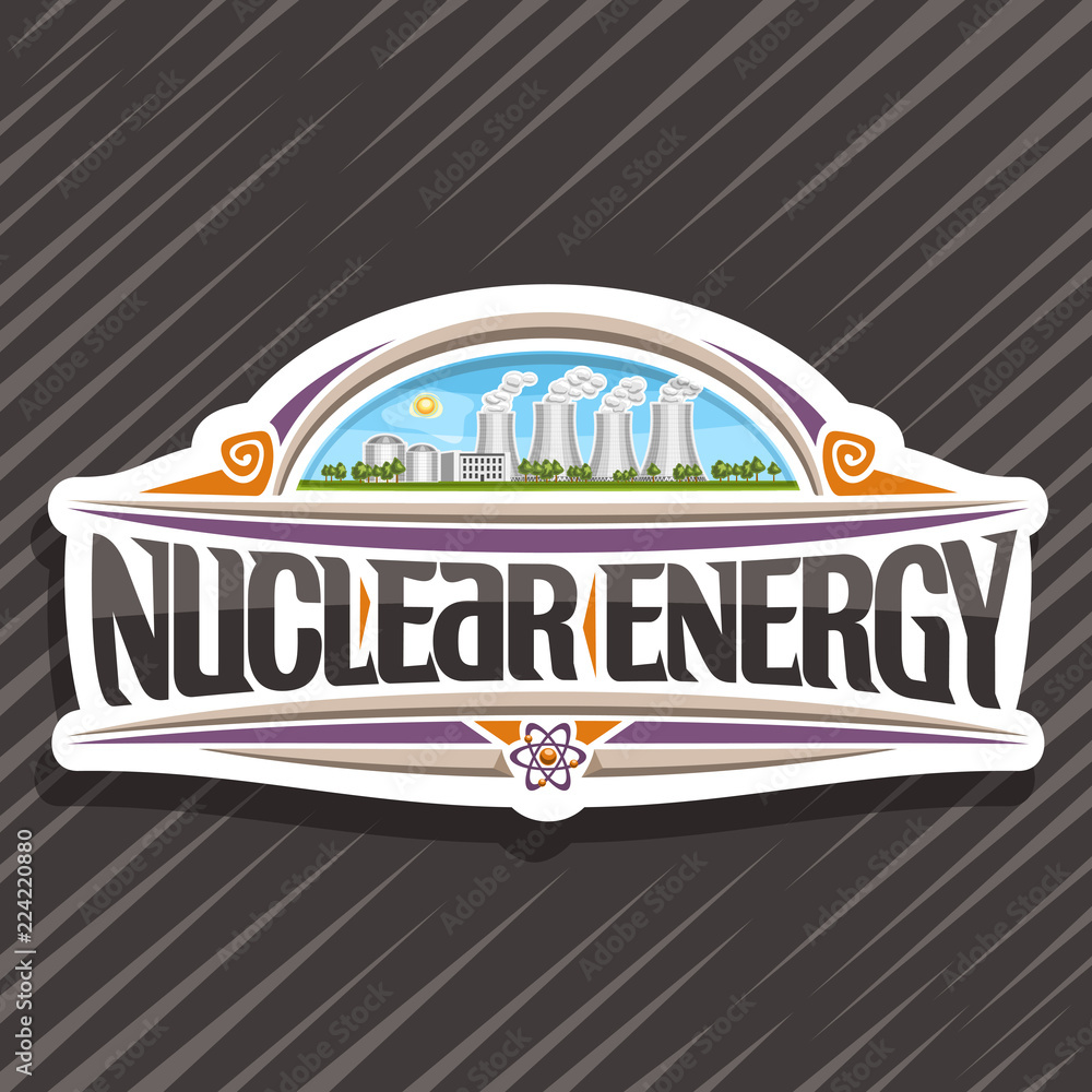 Vector logo for Nuclear Energy, white decorative tag with modern atomic ...