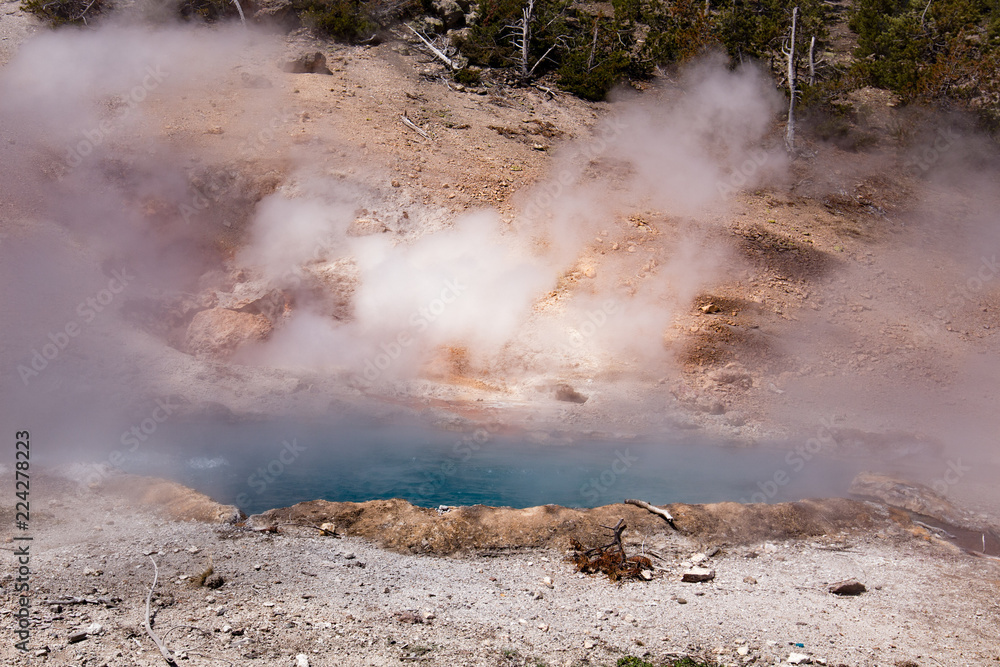 National Park pools with boiling hot water. Mineral deposits and sulfur ...
