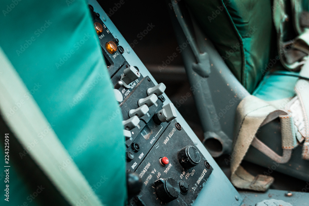 Helicopter cockpit. Details of dashboard, control panel, indicators and ...
