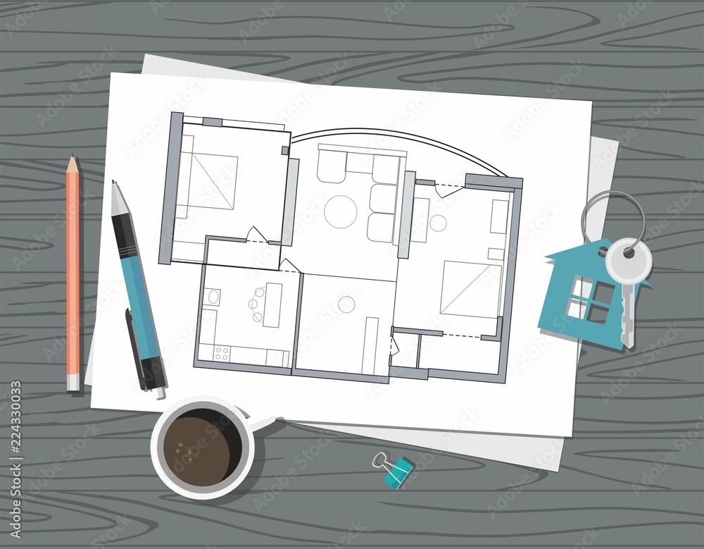 Project architect house plan and Key with symbol of house Stock Vector ...