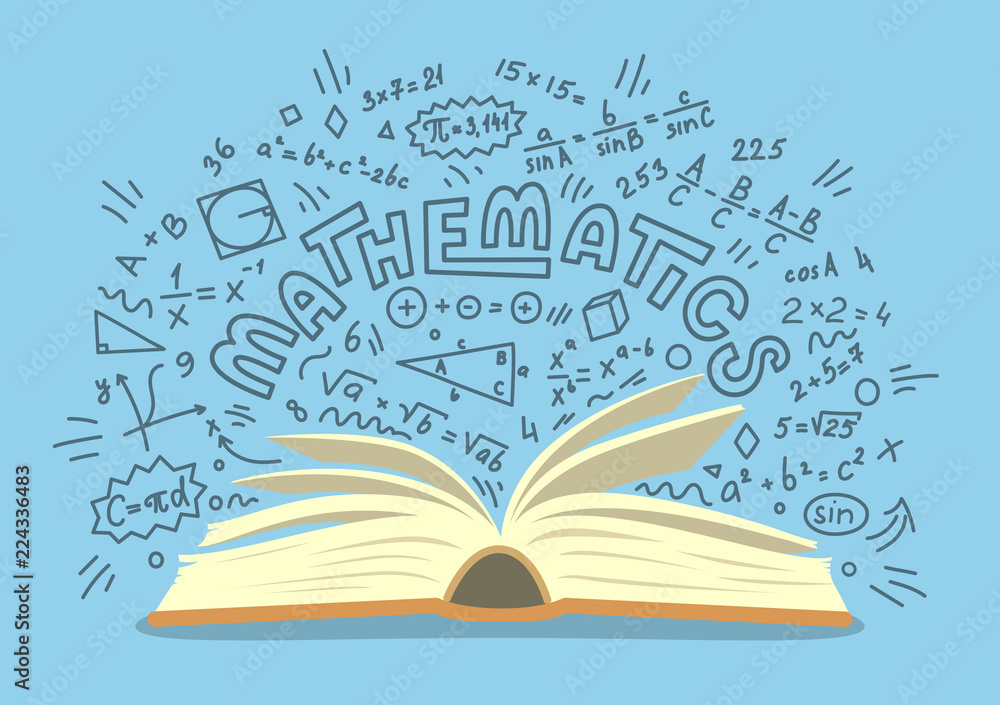 Mathematics. Open book with math doodles on blue background. Education ...
