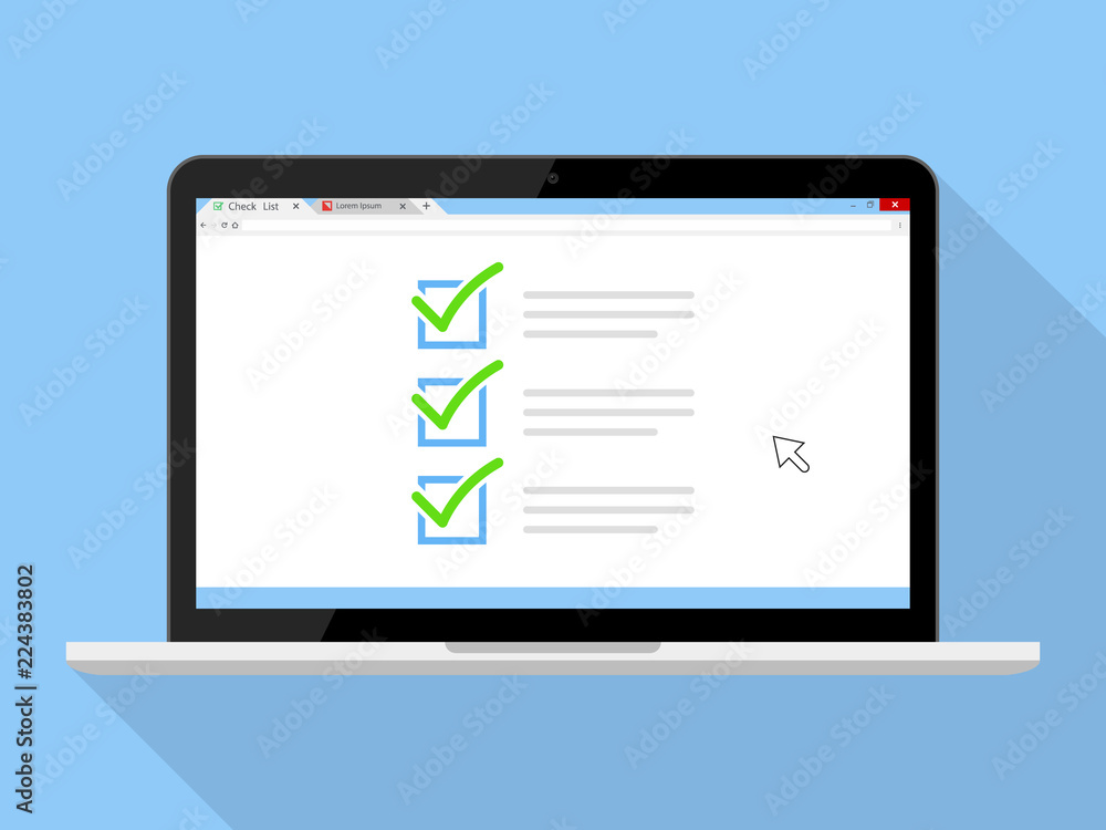 Checkboxes on laptop screen. Checkboxes and green checkmarks. Modern ...