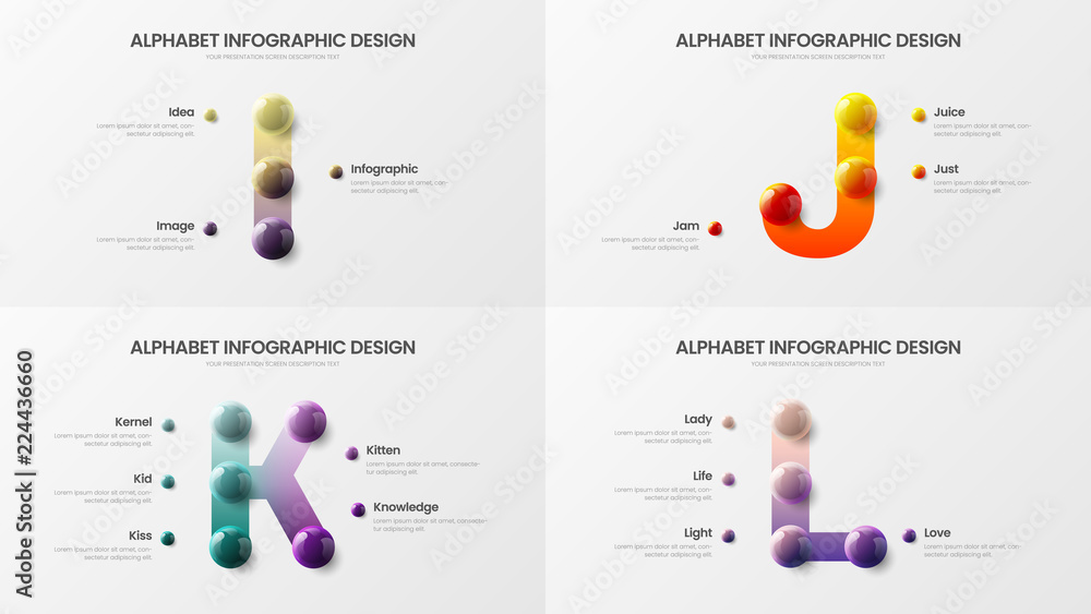Vector alphabet infographic 3D realistic colorful balls presentation ...