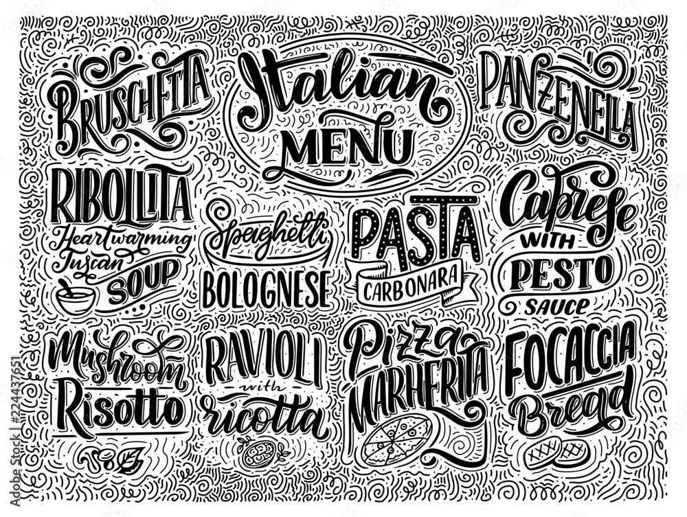 Italian food menu - names of dishes. Lettering , stylized drawing ...