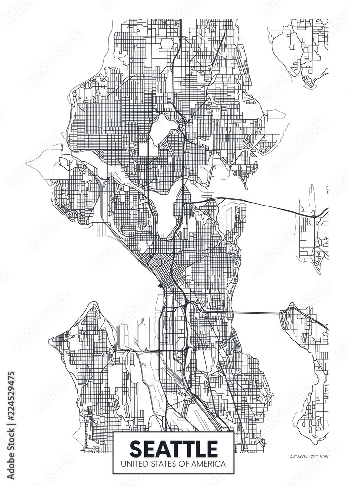 City map Seattle, travel vector poster design Stock Vector | Adobe Stock