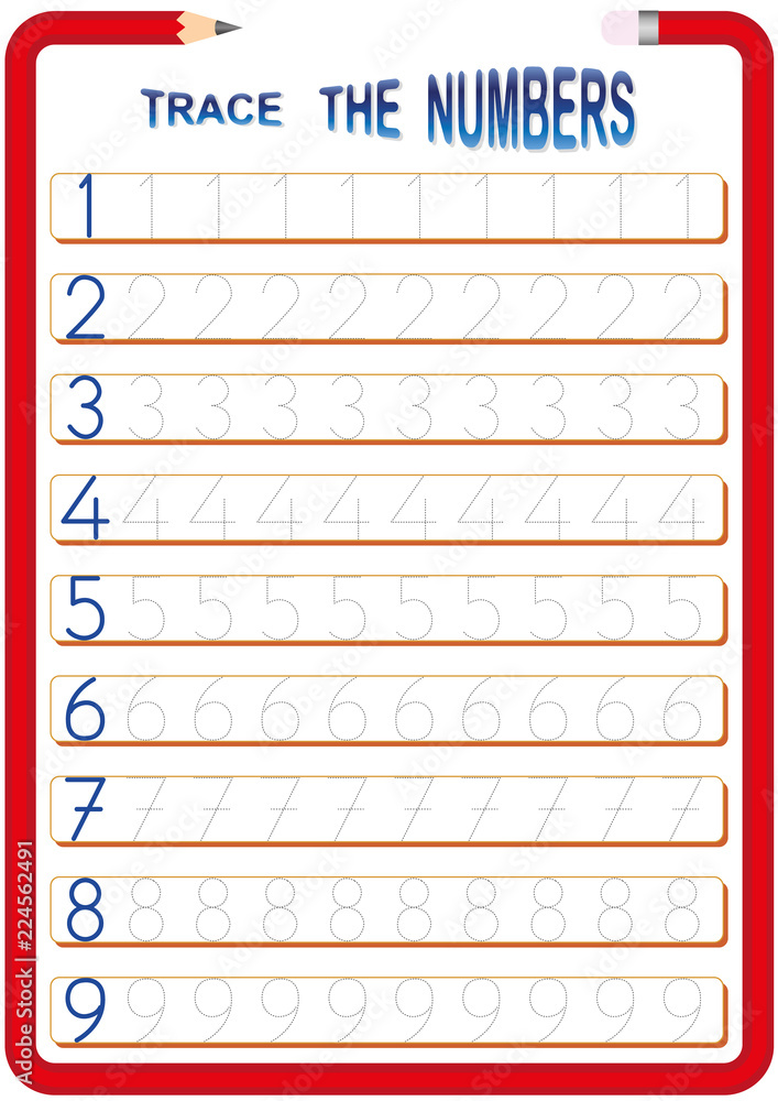 math worksheet for kindergarten kids, tracing the numbers, learning the ...