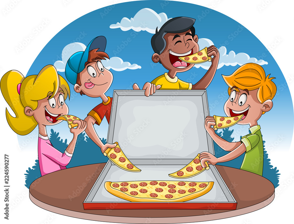 Group of cartoon children eating pepperoni pizza. Stock Vector | Adobe ...