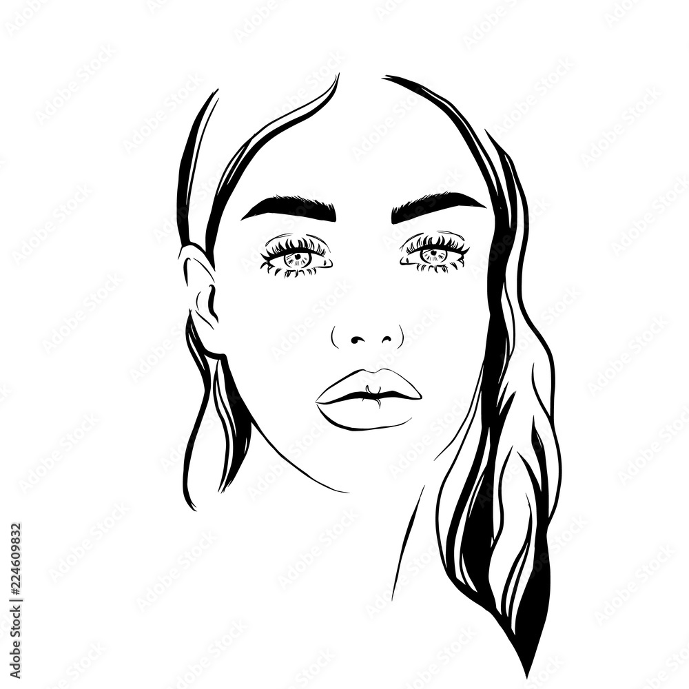 Beautiful woman face with hairstyle hand drawn vector illustration ...