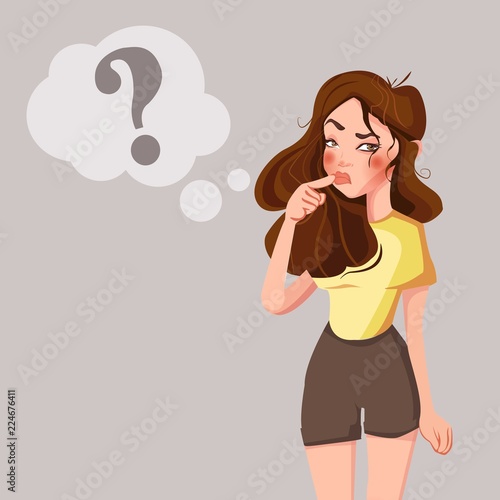 Cartoon young standing woman thinking with question mark in think ...