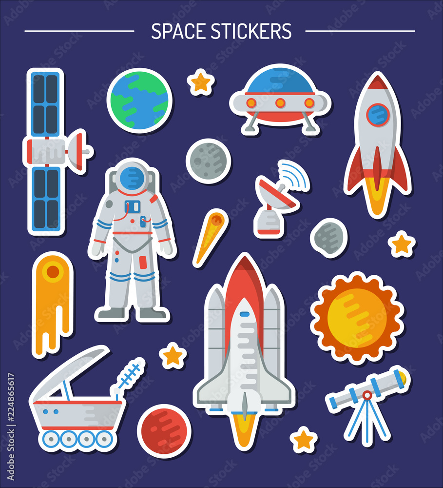 Space stickers collection. Astronaut, the Earth, comet, satellite ...