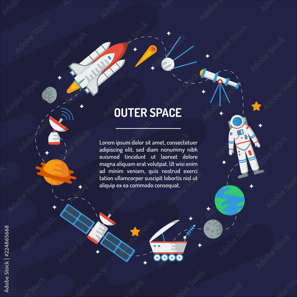 Space round frame with text area. Astronaut, the Earth, comet ...