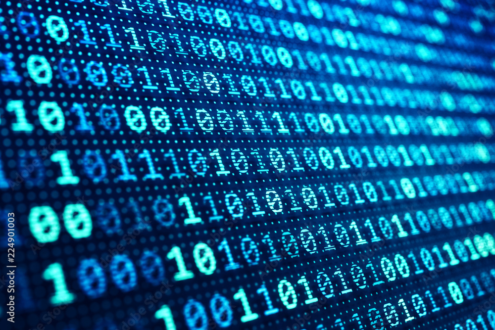Binary code background, information technology concept, blue digital data on computer screen ...