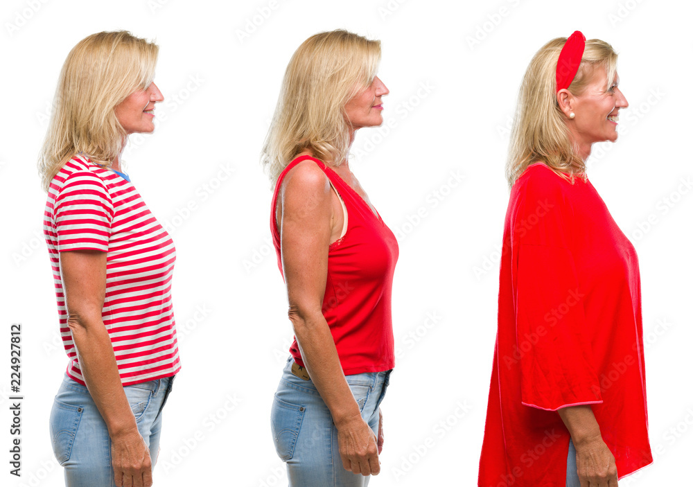 Collage of beautiful middle age blonde woman over white isolated ...